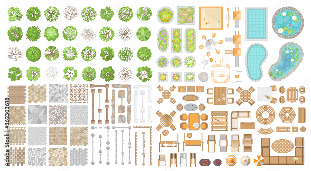 Vector set. Collection for landscape design, plan, maps. (Top view ...