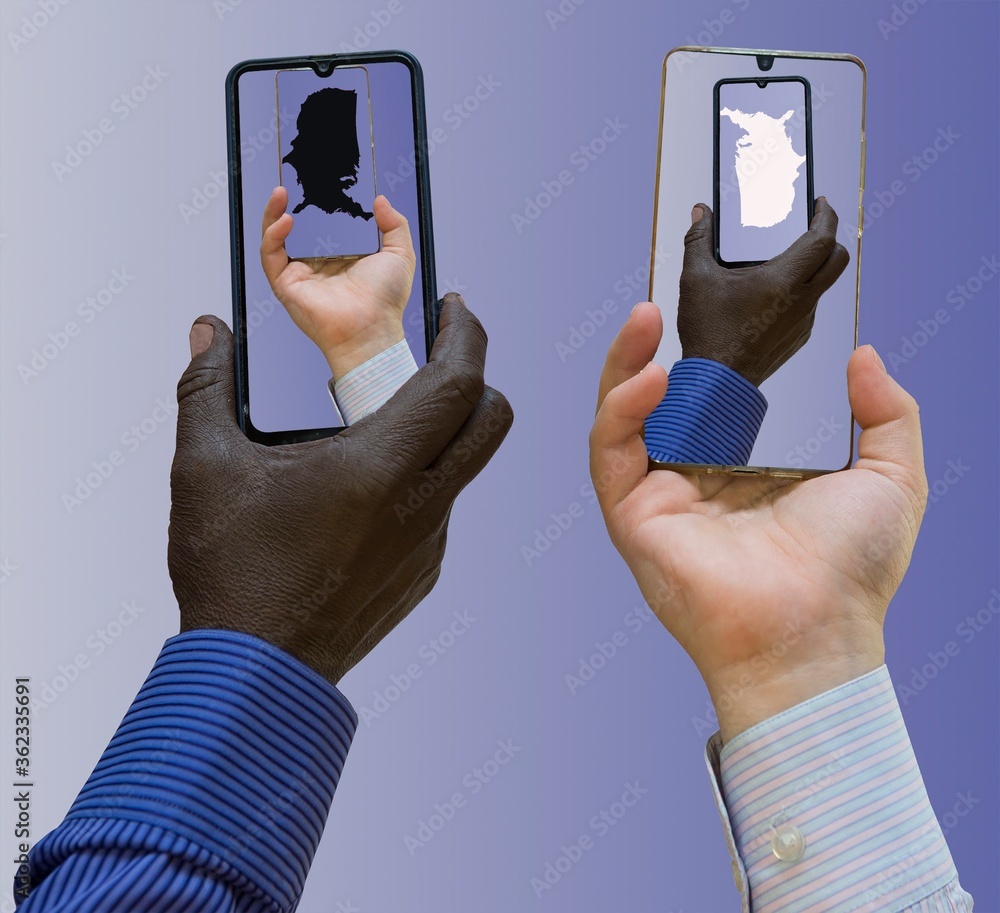 BLM. White and afroamerican hands are holding phones with photos of ...