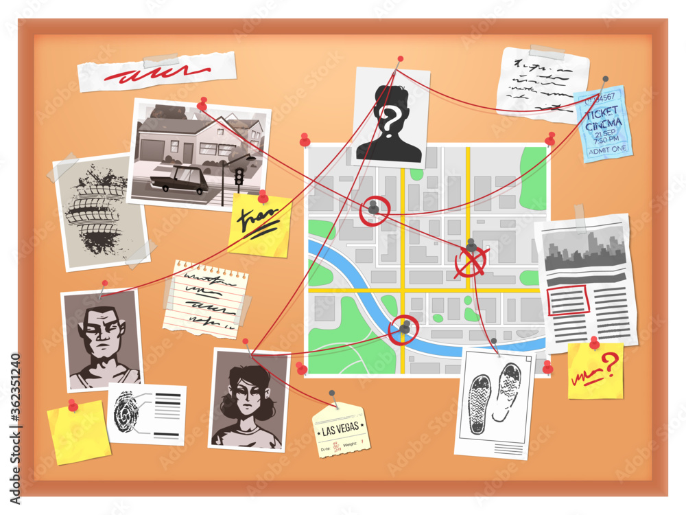 Detective board. Cops crime investigation plan, board with pinned ...
