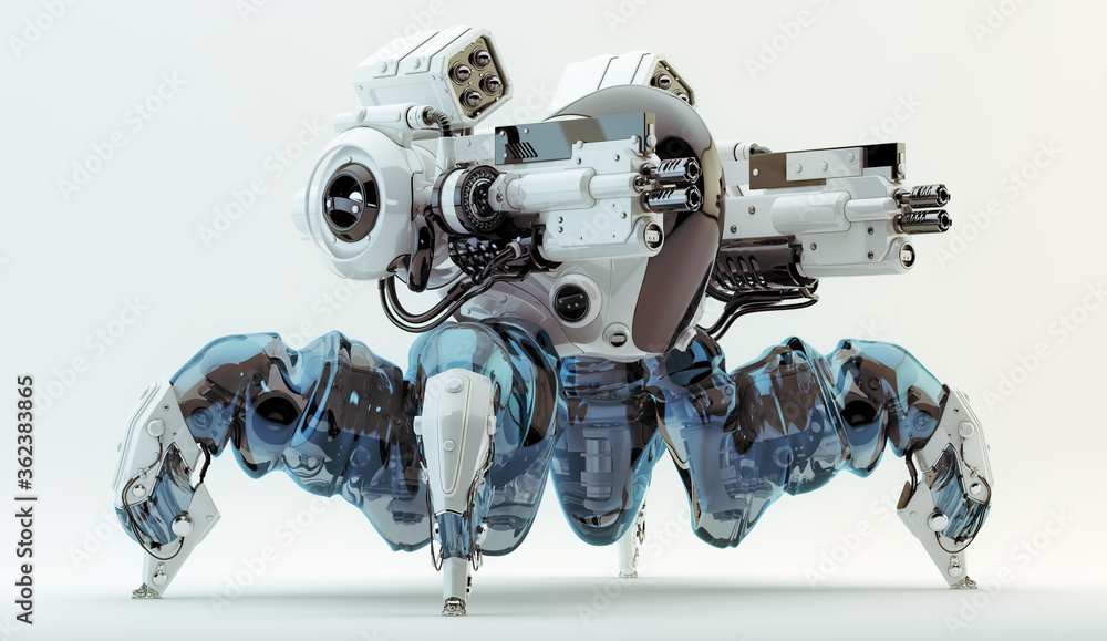 Modern spider-like armed soldier. Sci-fi robotic warrior with guns, 3d ...