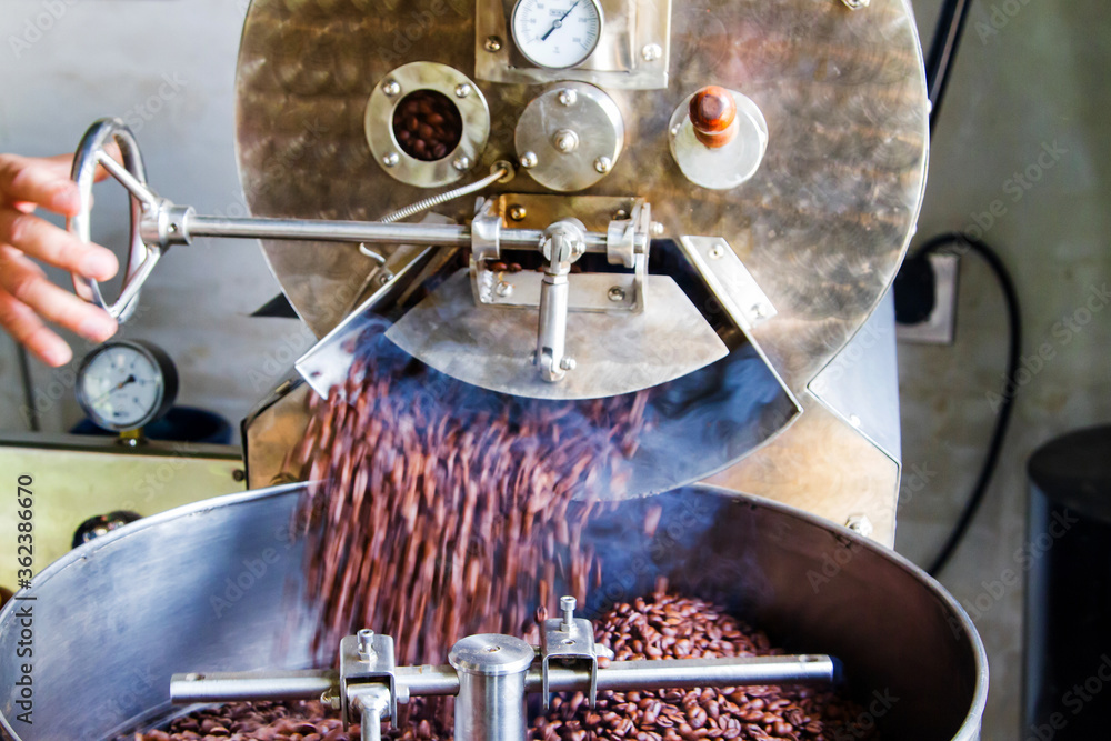 The freshly roasted coffee beans from a large coffee roaster being ...
