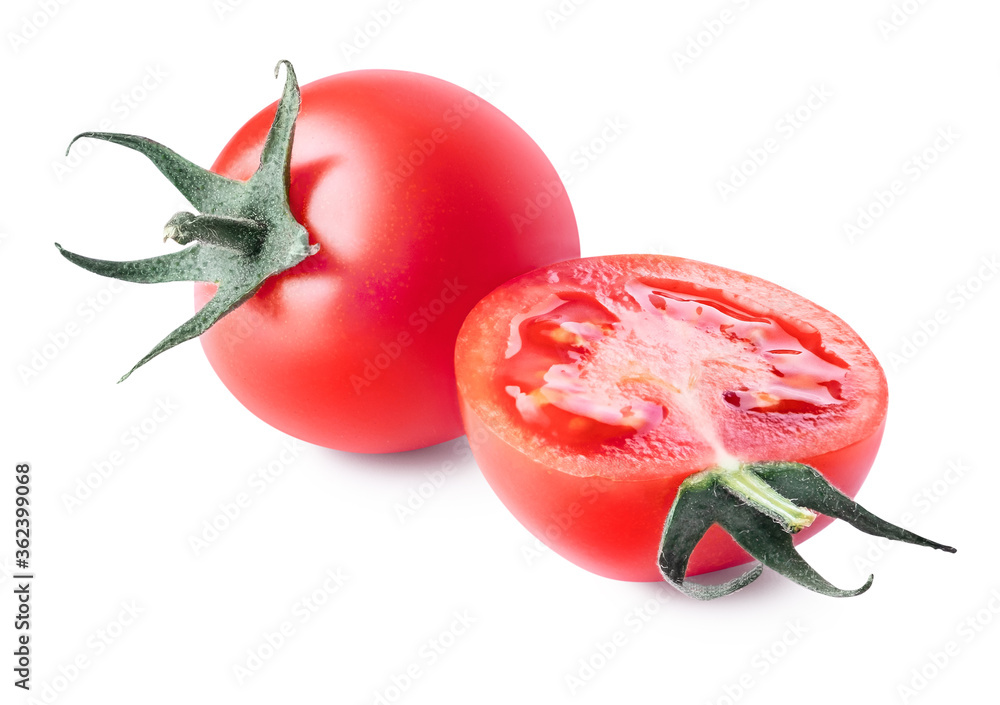 Whole and cut fresh, red tomatoes with green steam isolated on white ...