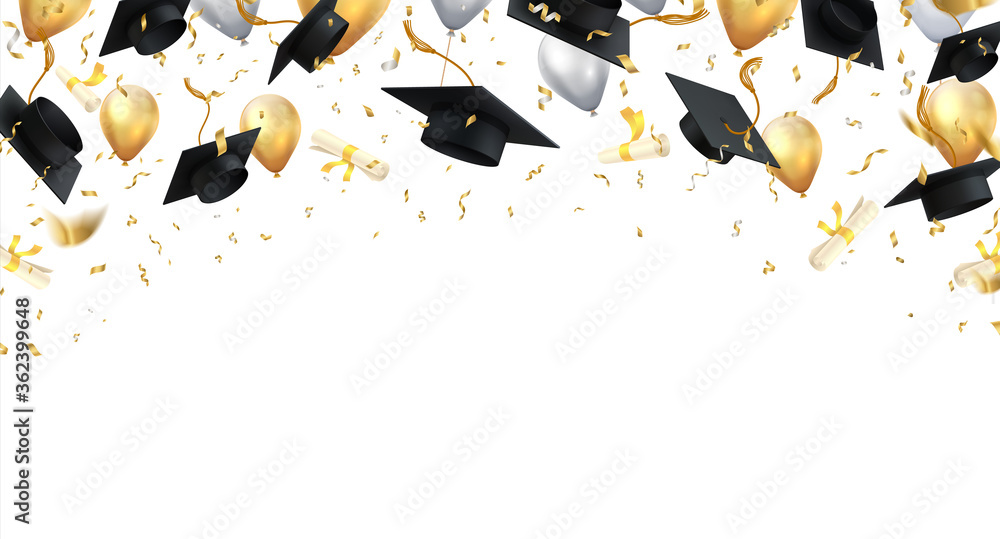 Graduation. Transparent background with realistic flying black degree ...