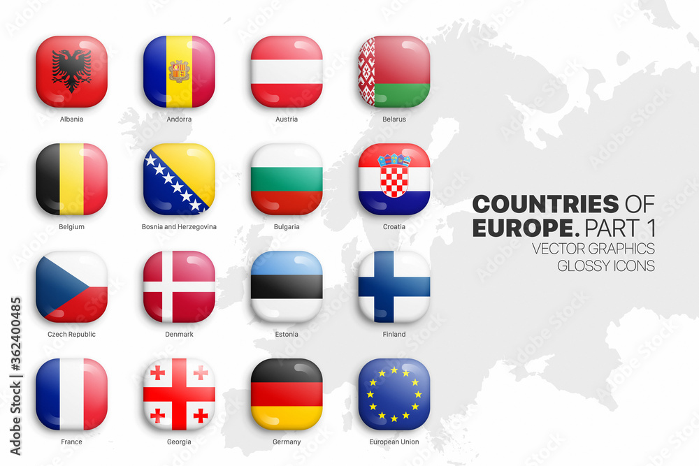 European Countries Flags Vector 3D Glossy Icons Set Isolated On White ...