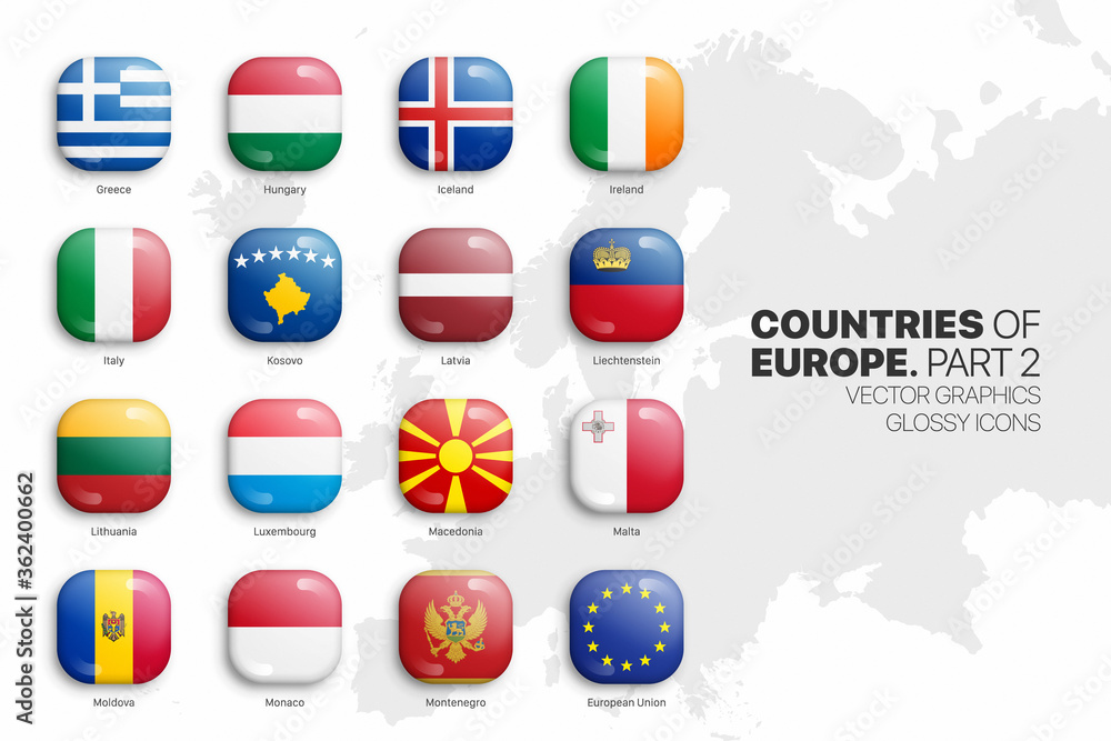 European Countries Flags Vector 3D Glossy Icons Set Isolated On White ...