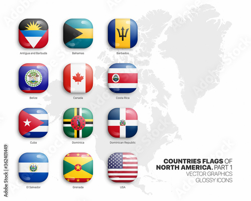 North America Countries Flags Vector 3D Glossy Icons Set Isolated On ...