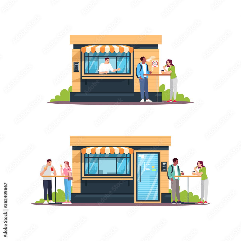 Street food shop with customers semi flat RGB color vector ...