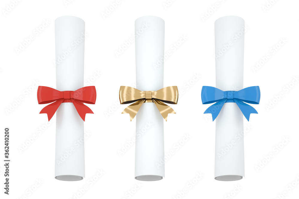 Diploma, paper scroll with red ribbon on white background, 3d rendering ...