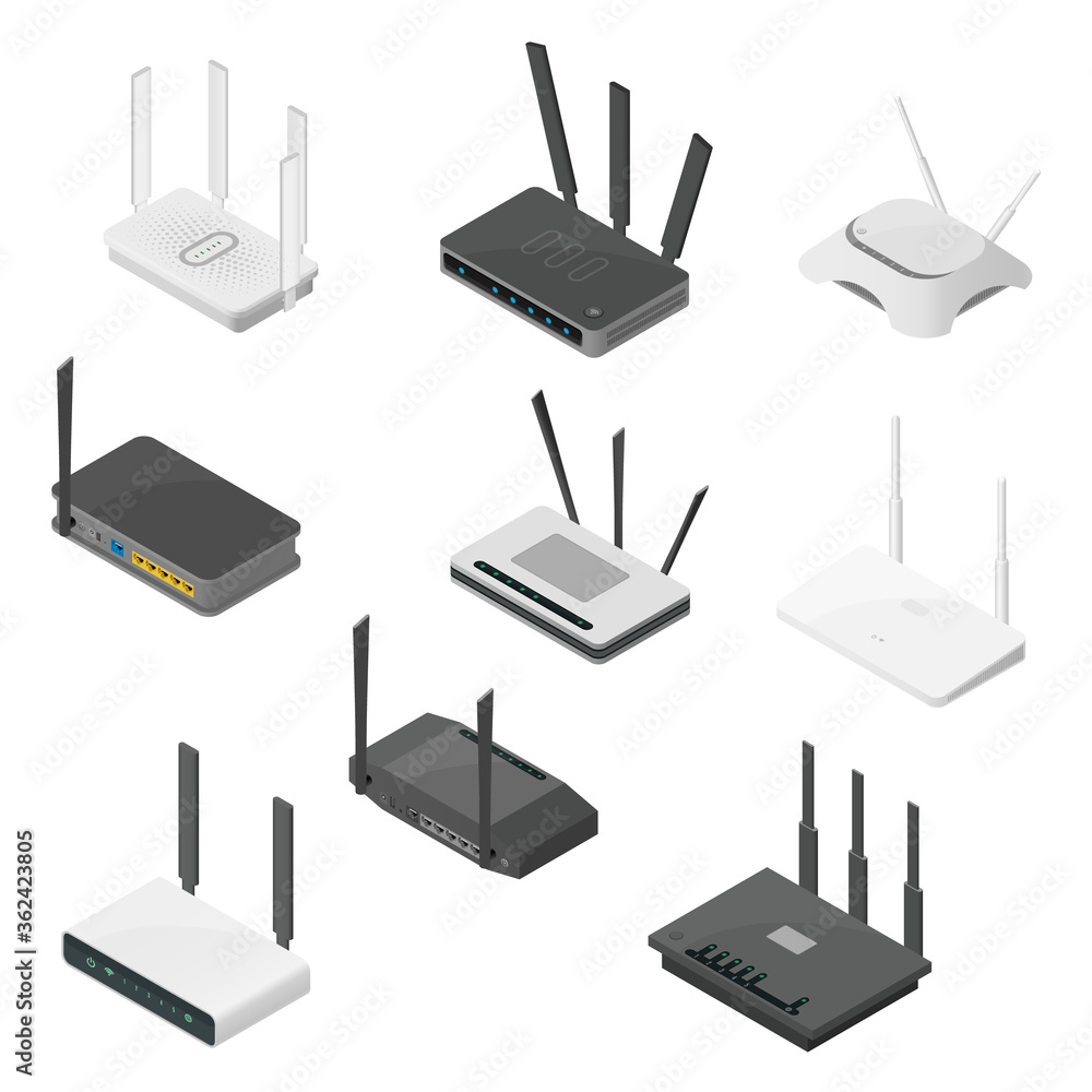 Isometric set of routers. Isometric realistic vector icons isolated on ...