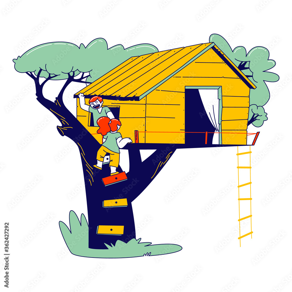 Little Children Climbing on Tree House at Home Yard. Characters Playing ...