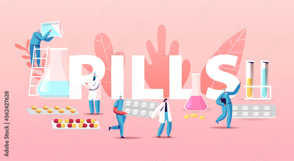Pills Producing Concept. Tiny Pharmacist Characters with Huge Medical ...