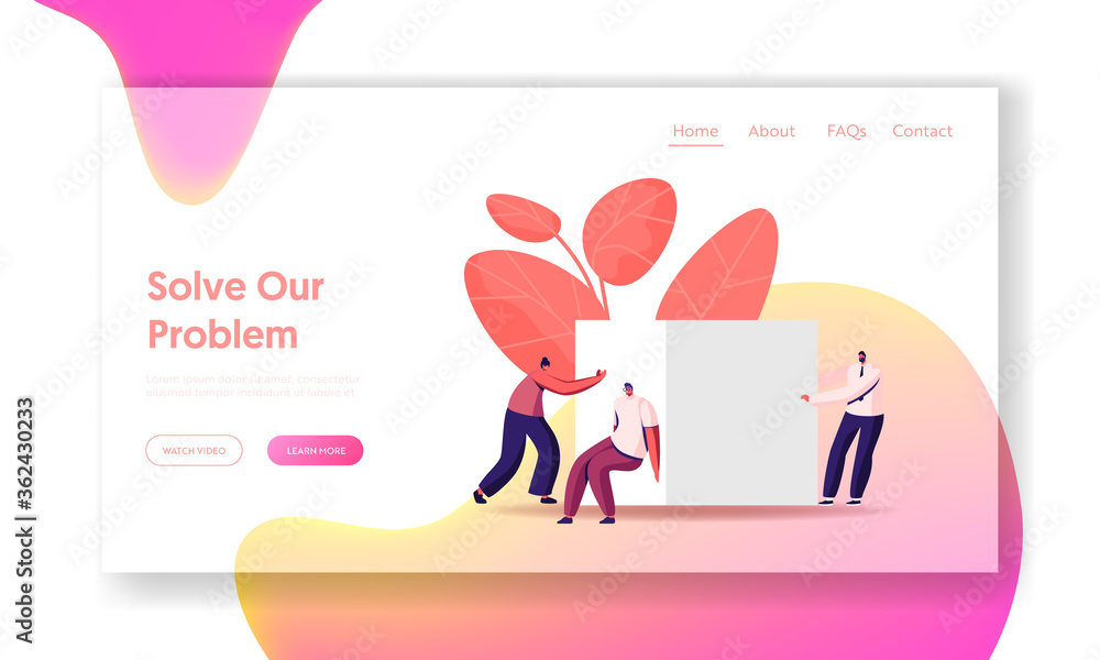 Career Challenge Landing Page Template. Business Team Push Huge Cube Solving Problem or Working ...