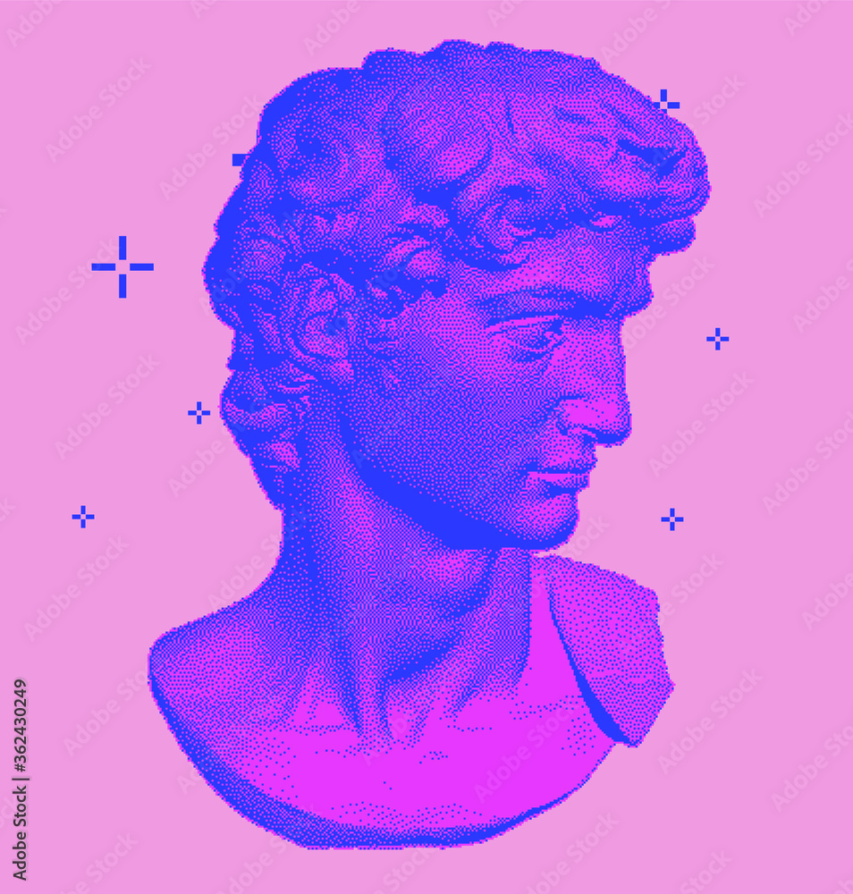 Pixel art 3D rendering of Michelangelo's David head. Retrofuturistic ...