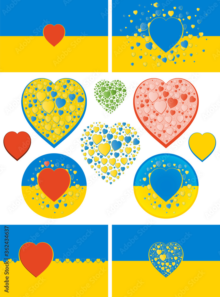 State flag of Ukraine with hearts variations. Green, red and bicolour ...