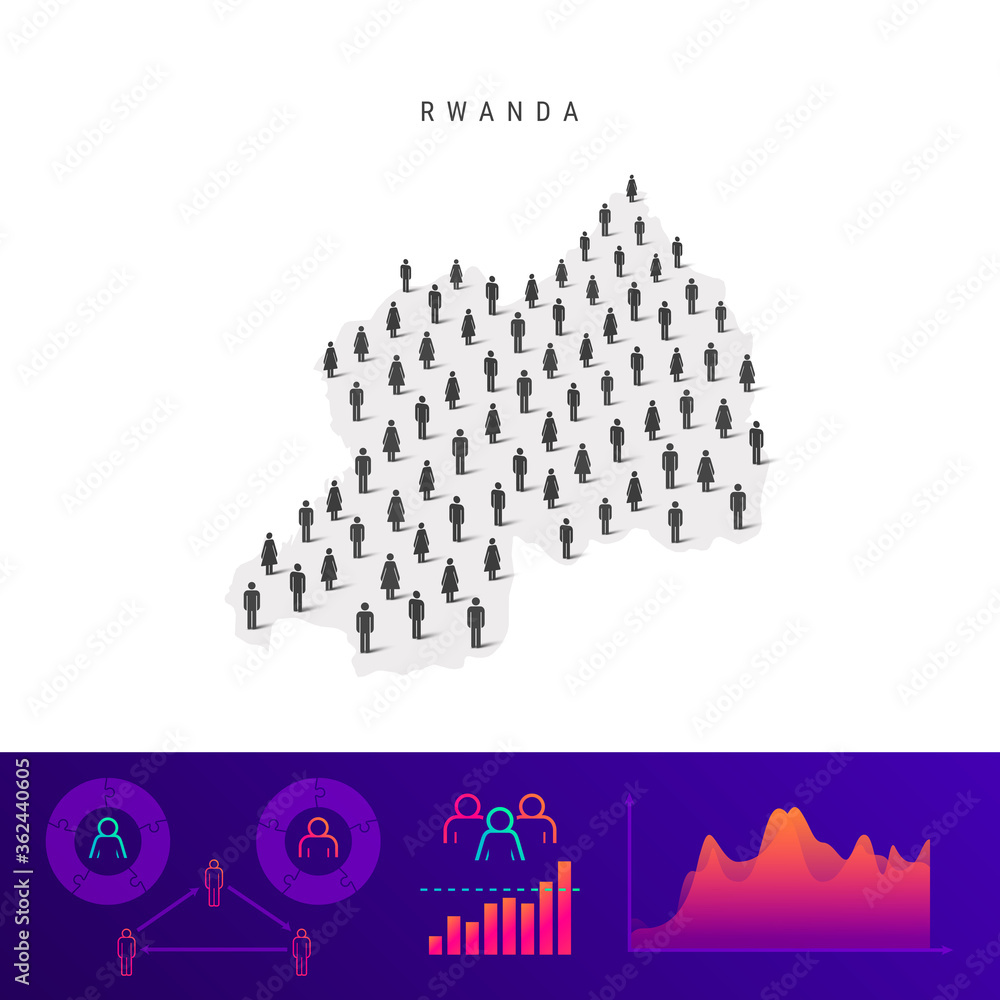 Rwanda people map. Detailed vector silhouette. Mixed crowd of men and ...