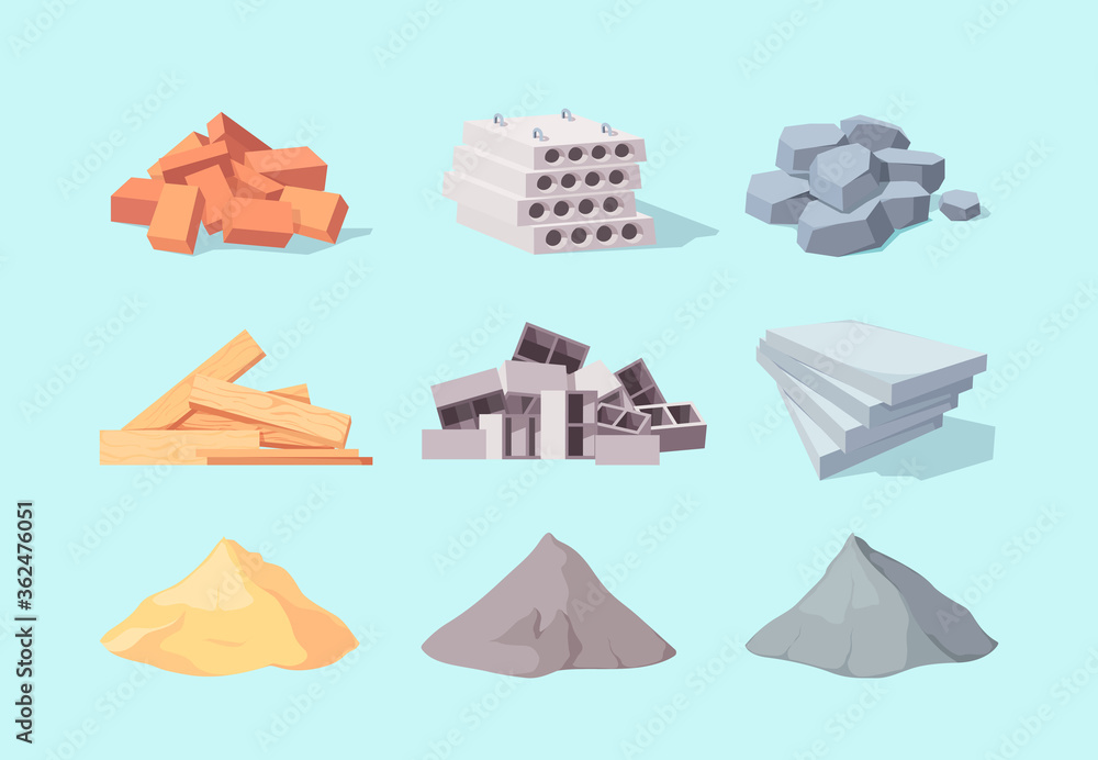 Material building set. Piles large gray cement facing stone drywall ...