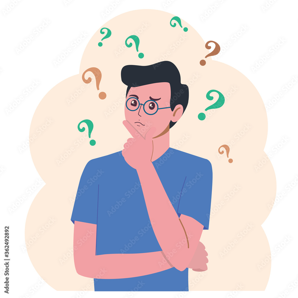 Portrait of young troubled man. Boy with question mark in think bubble ...