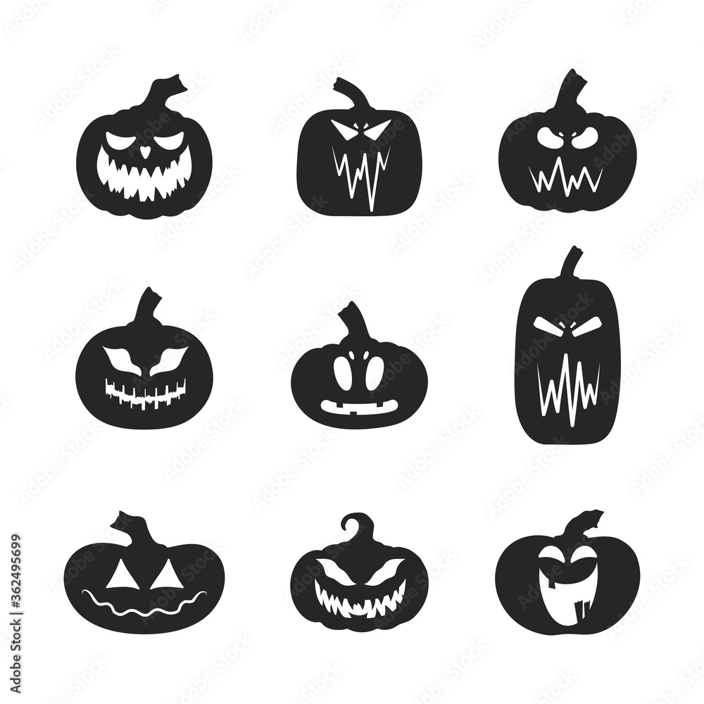 Halloween pumpkin silhouettes set with spooky faces. October party ...