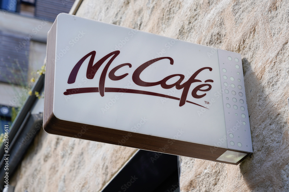 Mccafe logo sign of fast food store front chain of hamburger mcdonalds ...