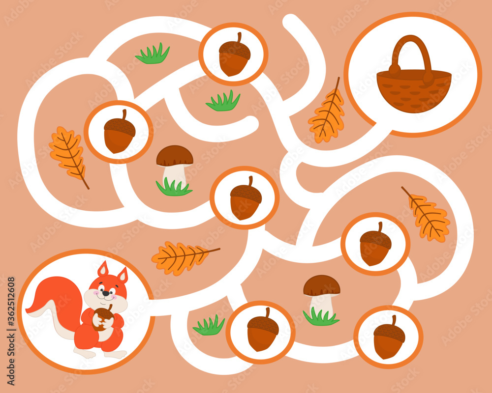 Vector maze game for preschool children. Learn count. Help the squirrel ...