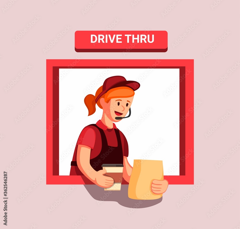 Fast food restaurant worker ready gives a customer order at a drive ...