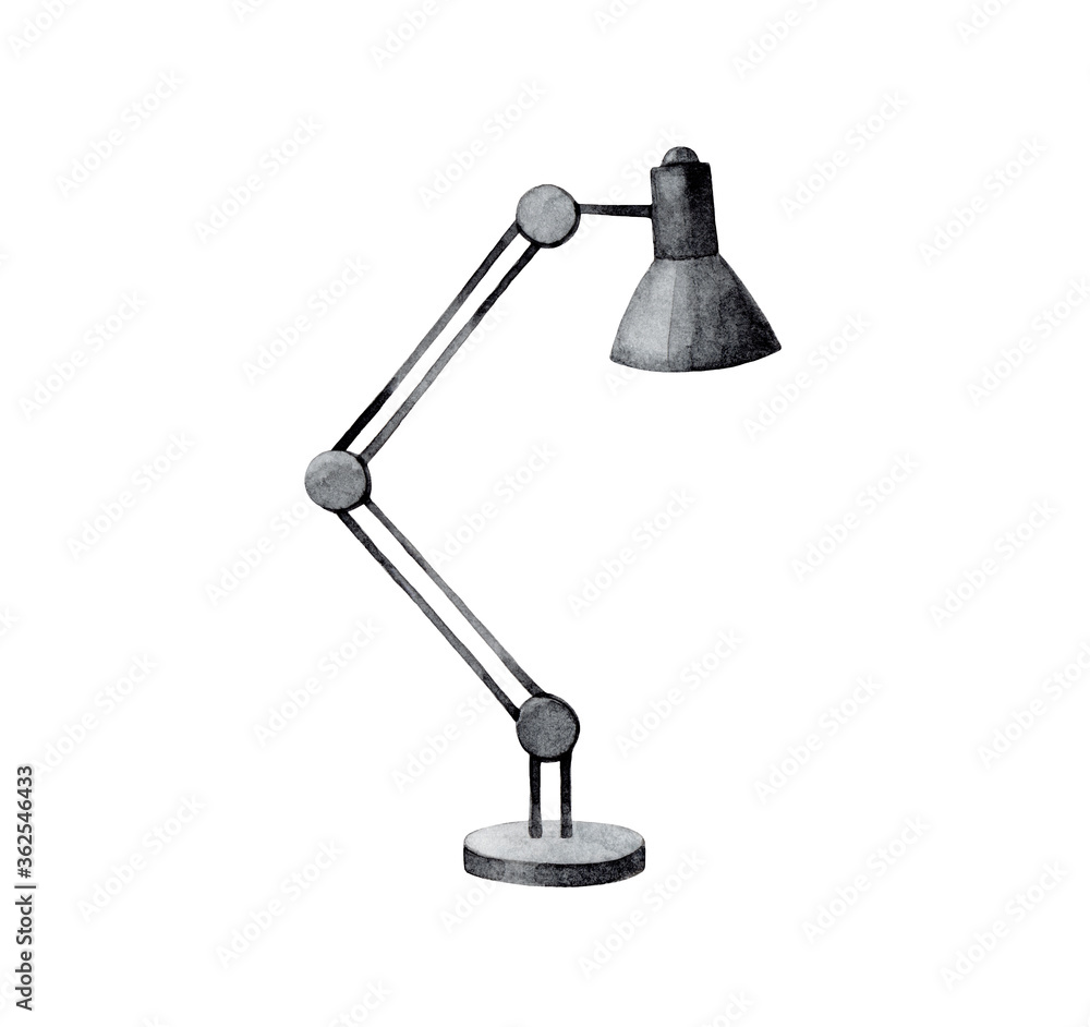 Watercolour illustration of black basic desk lamp. One single object ...