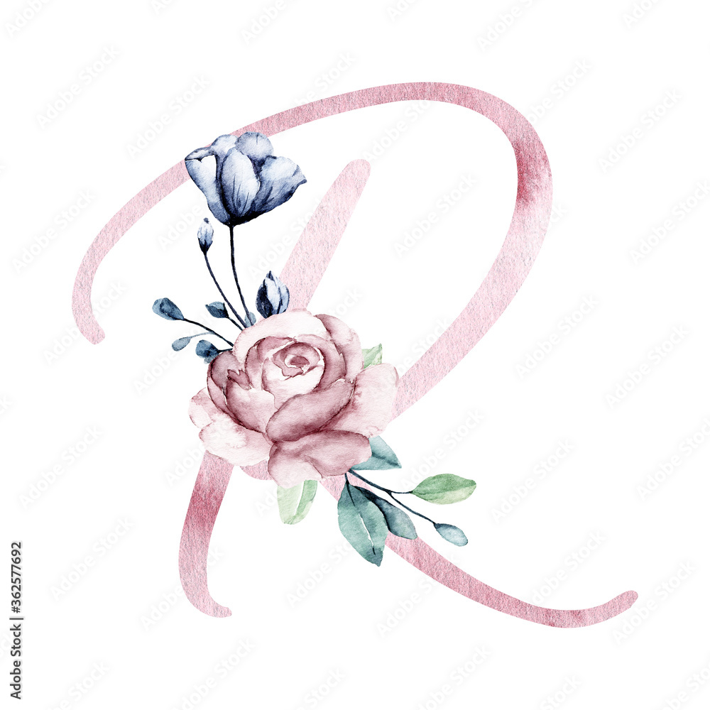 Pink letter R, alphabet with watercolor flower and leaves. Letterhead ...