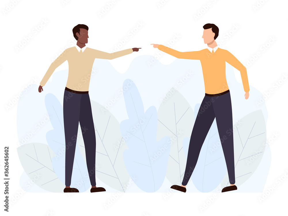 Aggressive african and european people yell at each other. Two angry ...