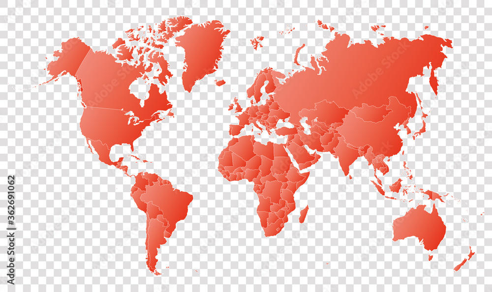 High detail red political world map with country borders. vector ...