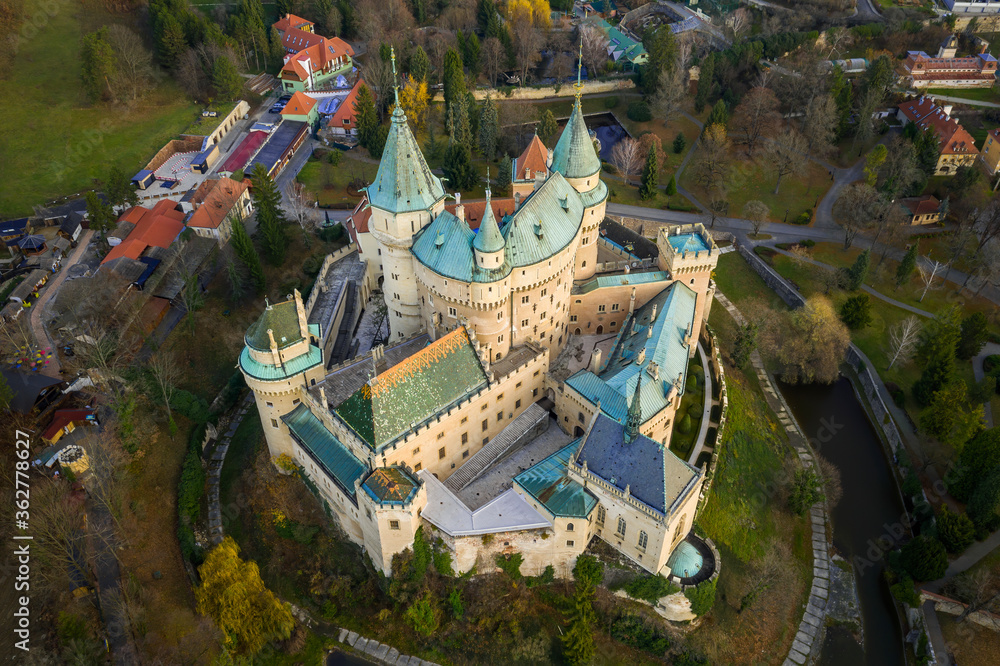 Aerial view of famous castle in Bojnice, Slovakia, from aerial view ...