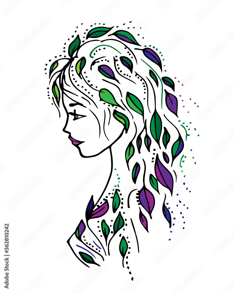 Colorful creative profile girl with long hair with twigs and leaves ...