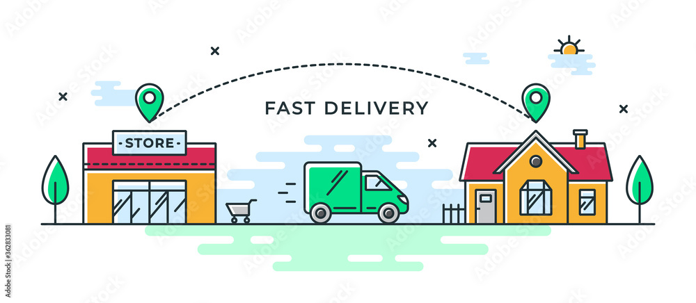Fast delivery from store to home. Vector color illustration with shop ...