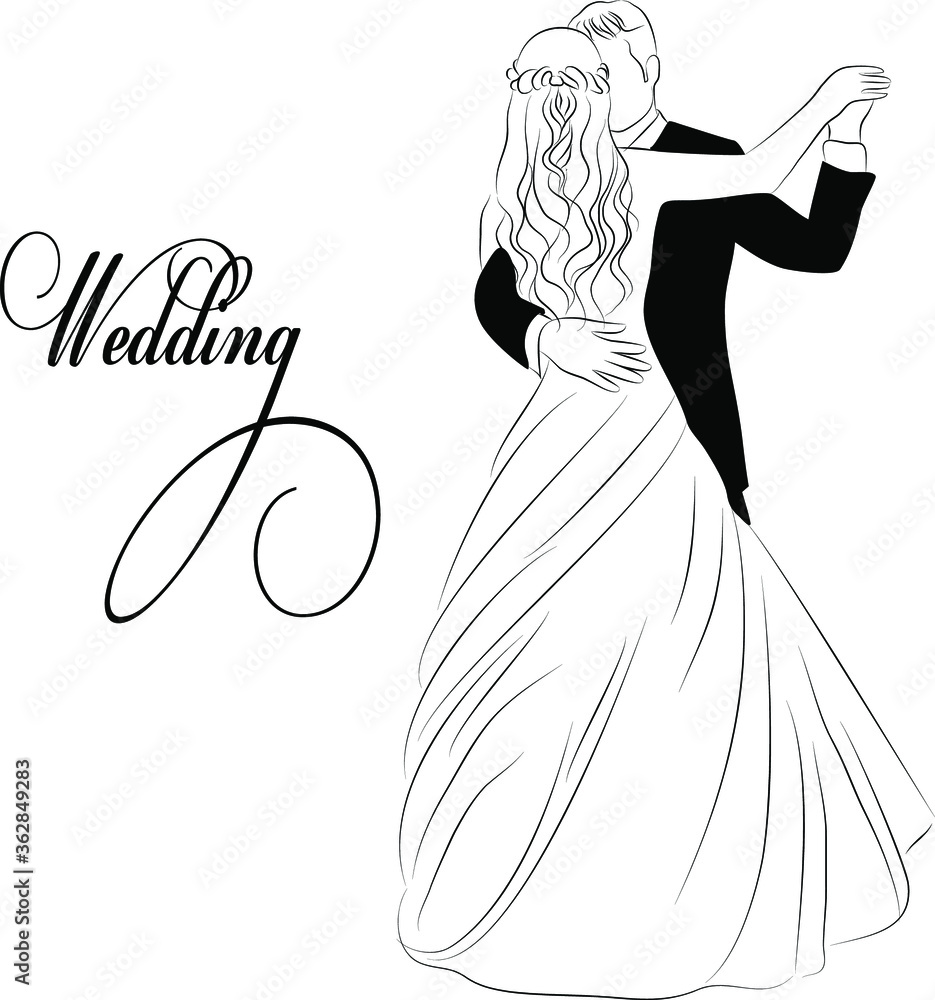 Vector illustration of a dancing bride and groom. A linear sketch of a ...