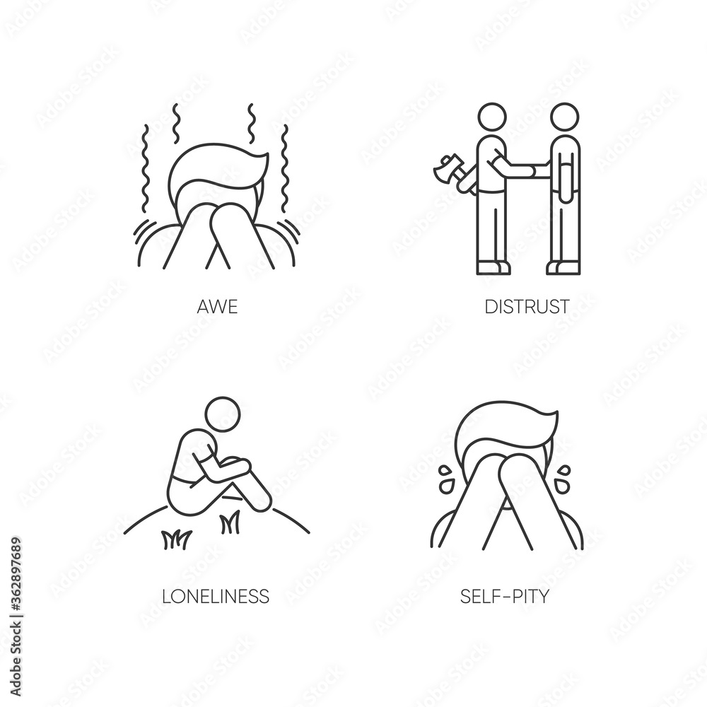 Negative emotions and bad feelings pixel perfect linear icons set ...