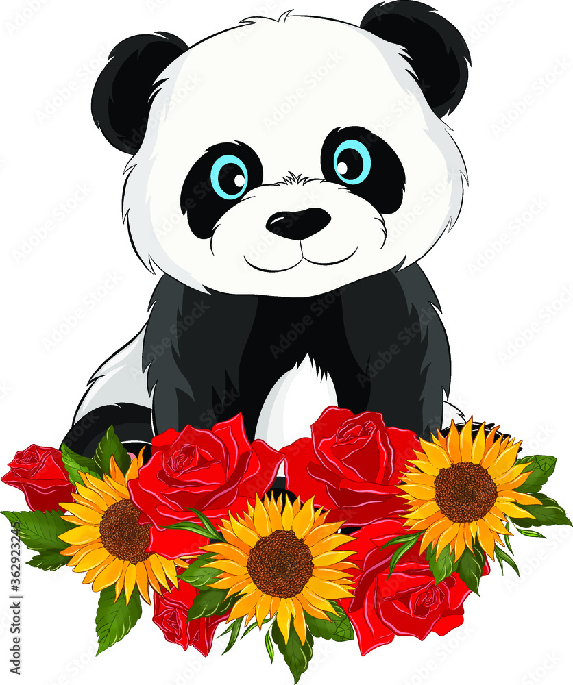 Panda with roses and sunflowers cartoon vector illustration print Stock ...