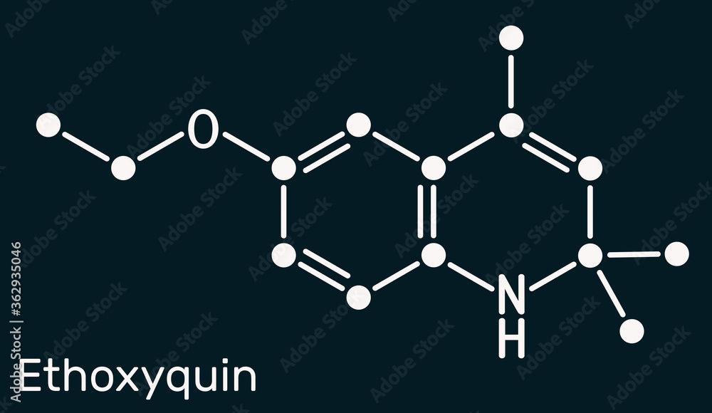 Ethoxyquin, EMQ, antioxidant E324 molecule. It is a quinoline used as a ...