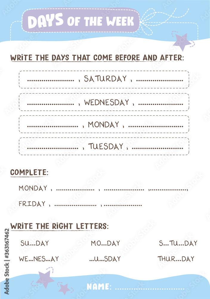 Complete/ Days of the week Exercises / Days of the week English ...