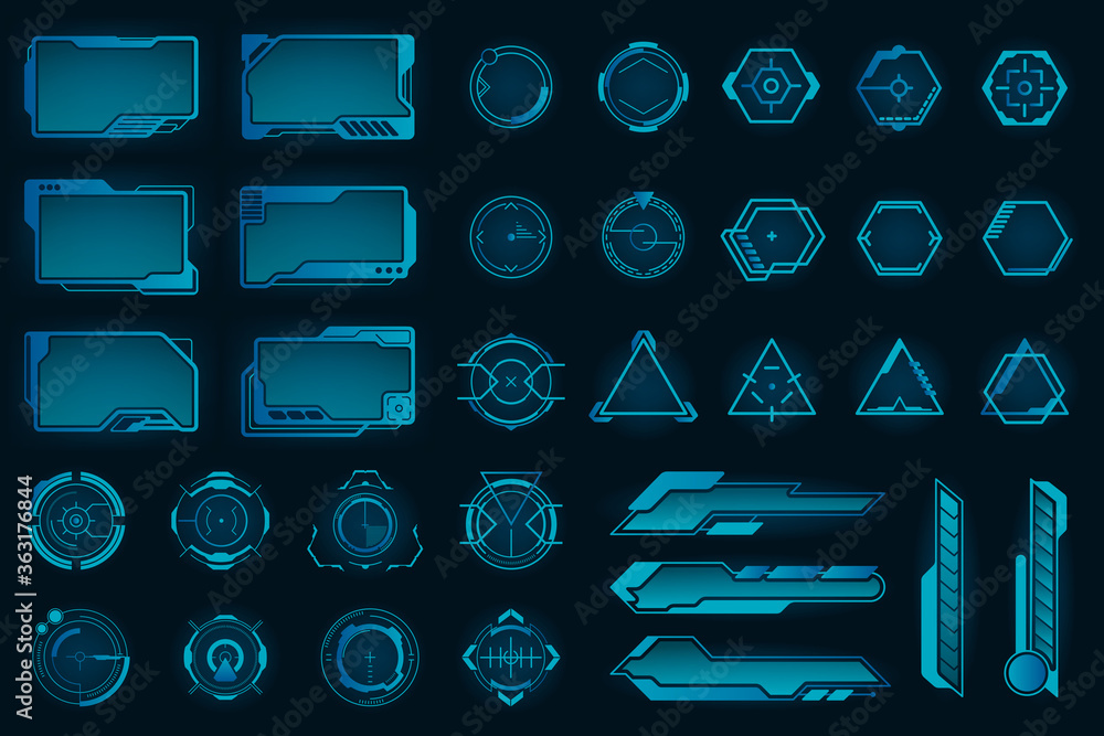 Different HUD elements flat frames set. Modern VR user interface, dashboard and infographic ...