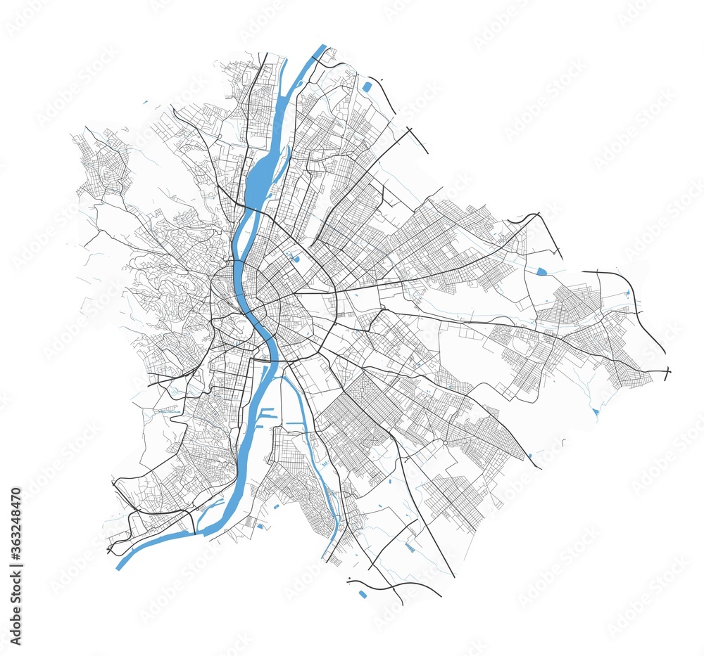 Budapest map. Detailed map of Budapest city poster with streets, water ...