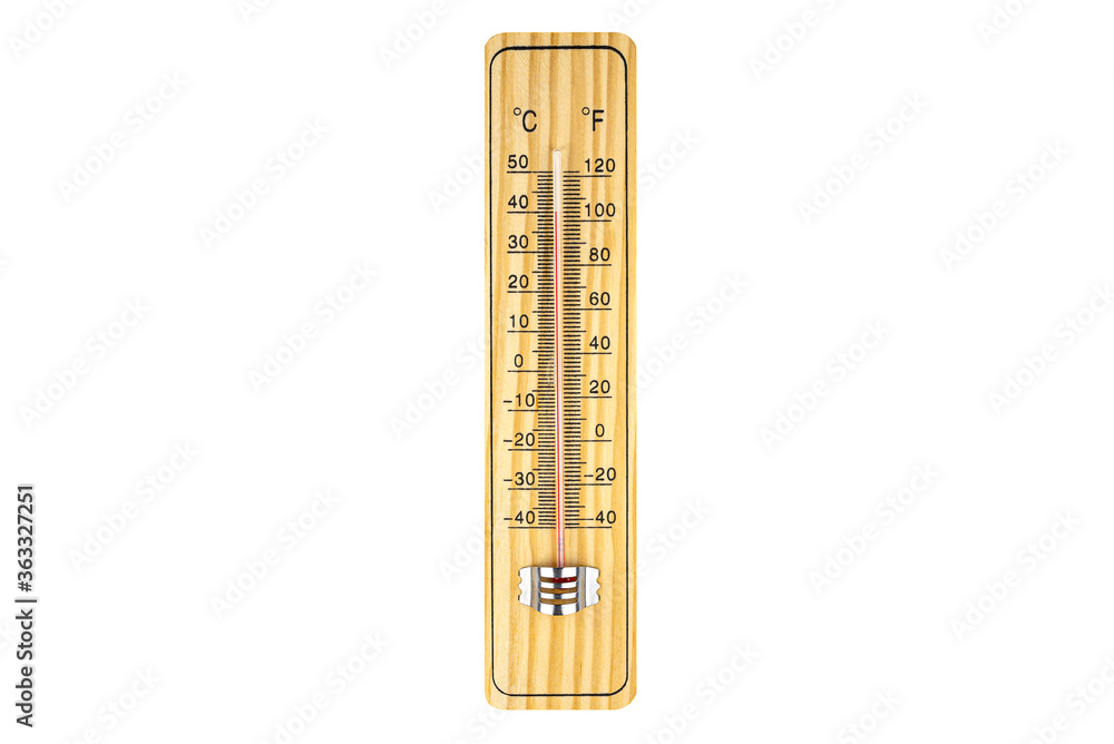 Classic wooden thermometer showing a temperature of 40 degrees Celsius ...