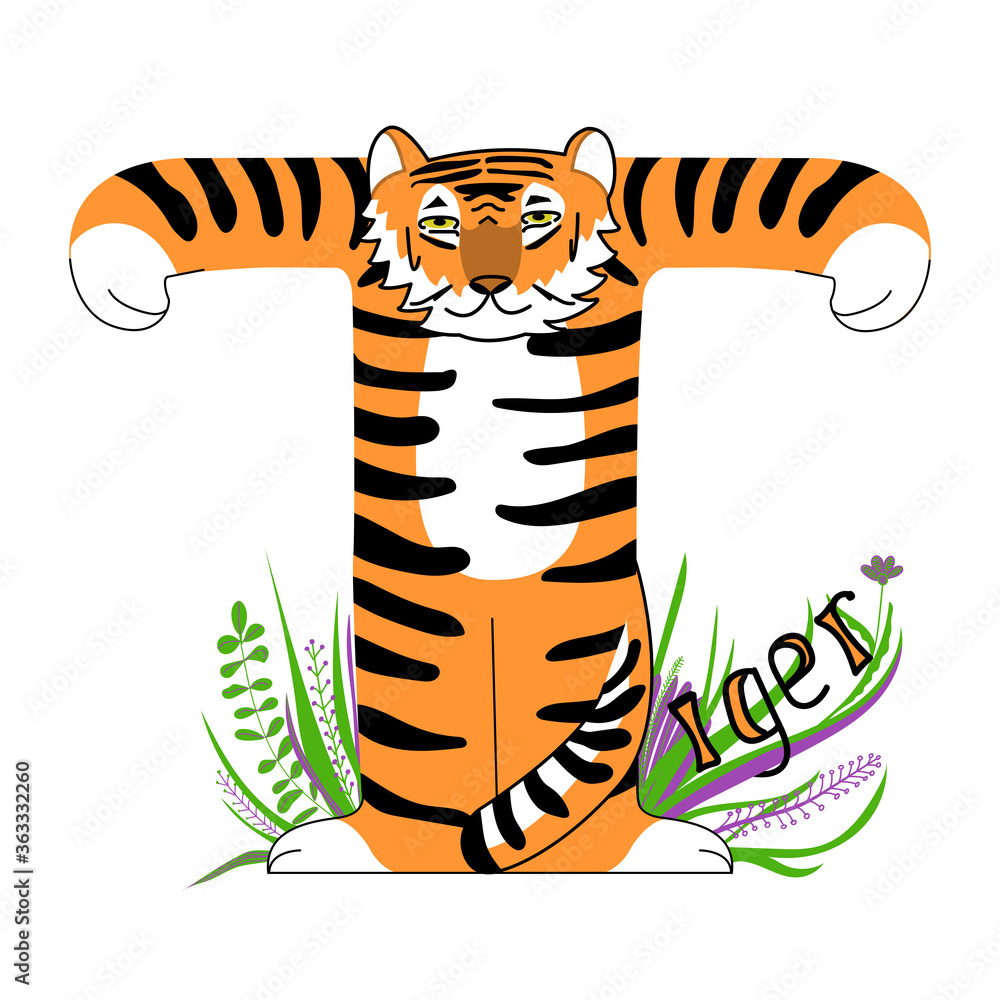 Tiger in shape letter T. Cartoon colorfull standing tiger. Cute ...