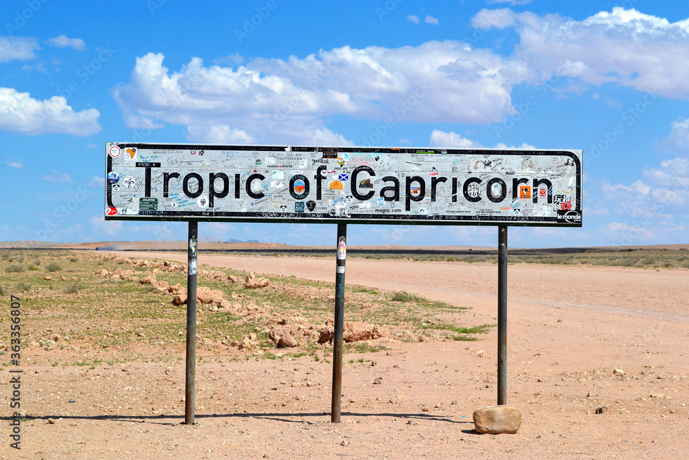 Tropic of Capricorn sign in the desert where a circular crosses Namibia ...