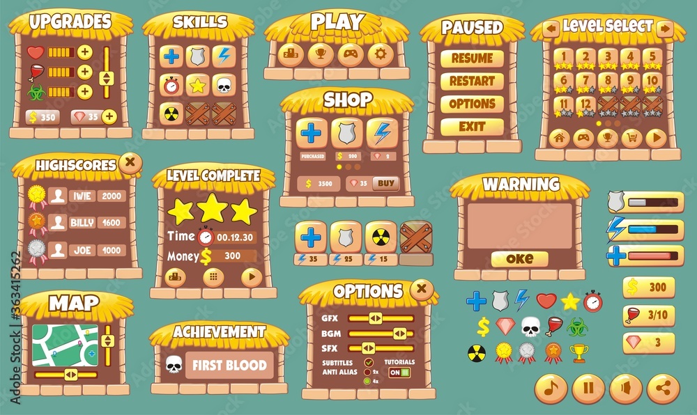 Game User Interface Design, Illustration of a funny graphic gui background, in cartoon style ...
