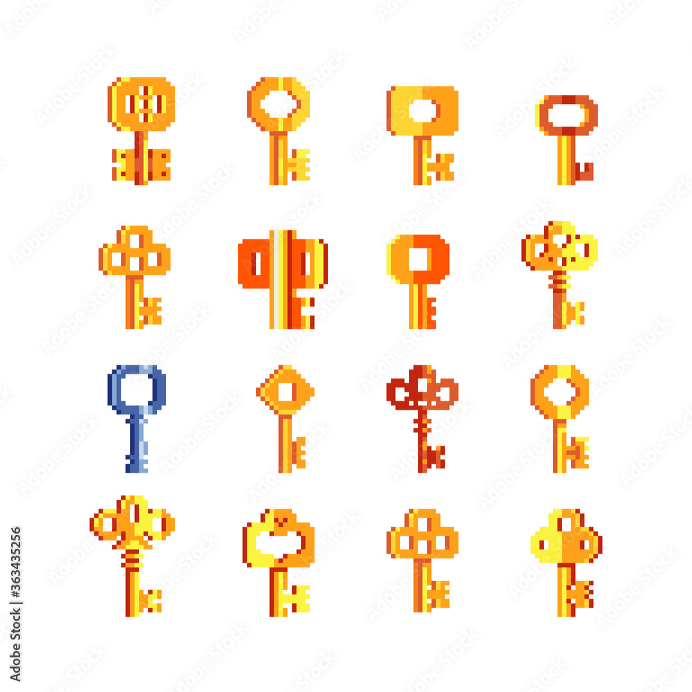 Golden key and vintage keys pixel art icons set. Design of websites ...