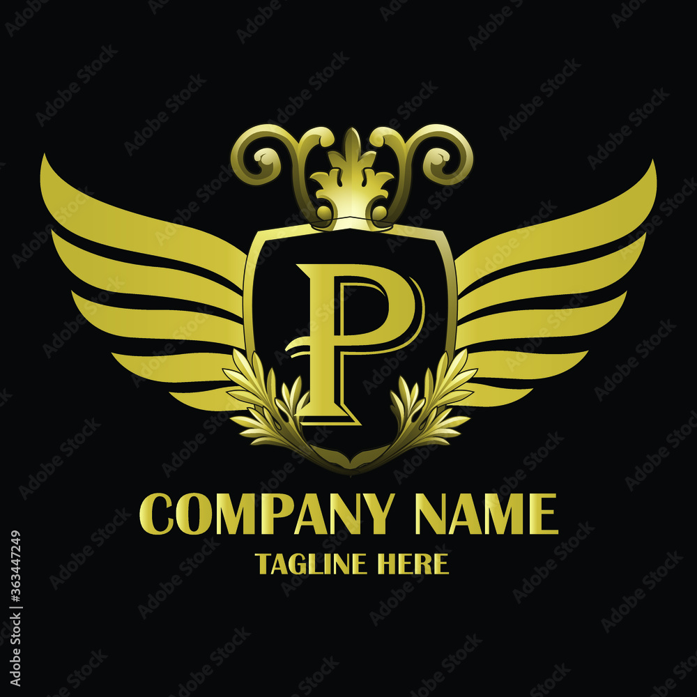 Luxury wing Initial Letter P Gold color with Shield. Vintage monogram ...