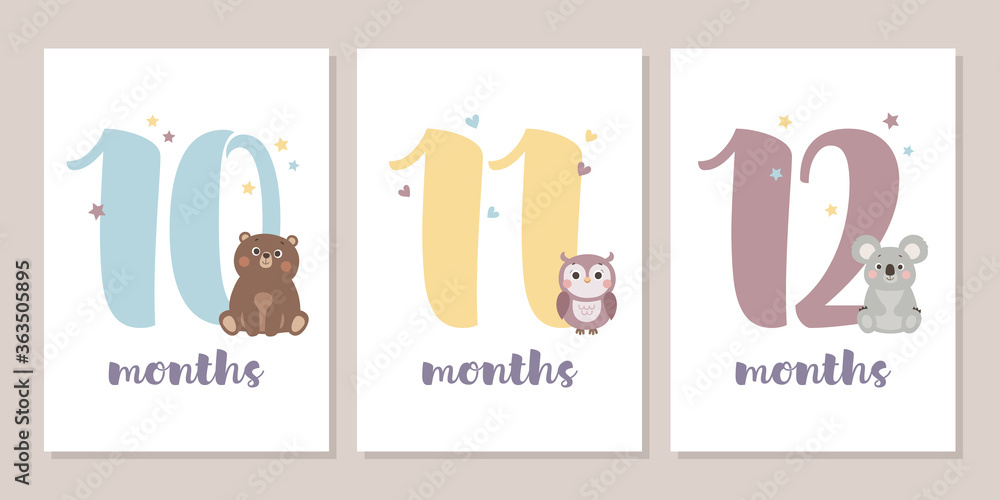 Cute baby month anniversary card with numbers and animals, 1 - 12 ...