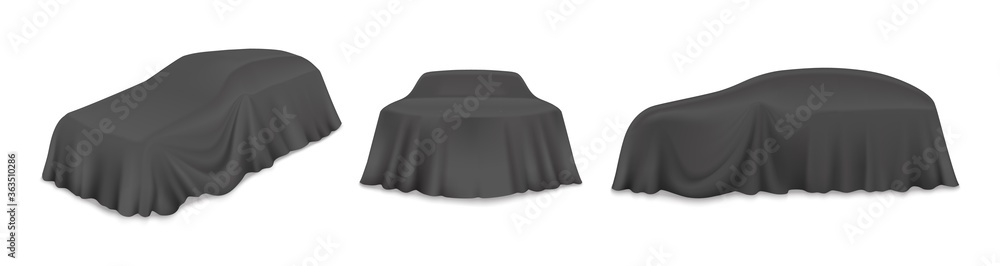 Car covered with black unveiling cloth, vector illustration isolated on ...