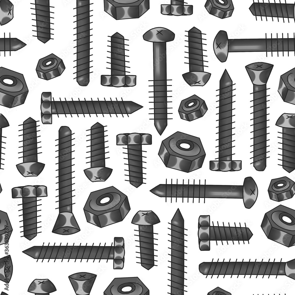 Seamless texture fasteners screws bolts and nuts, doodle style, white ...