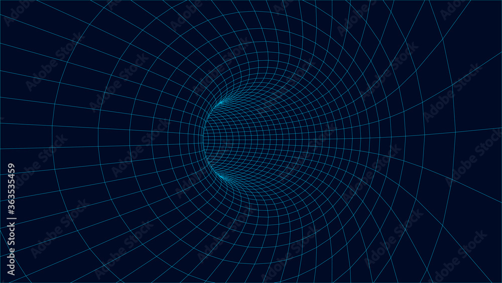 Abstract tunnel and wave background. Wireframe 3D surface tunnel ...