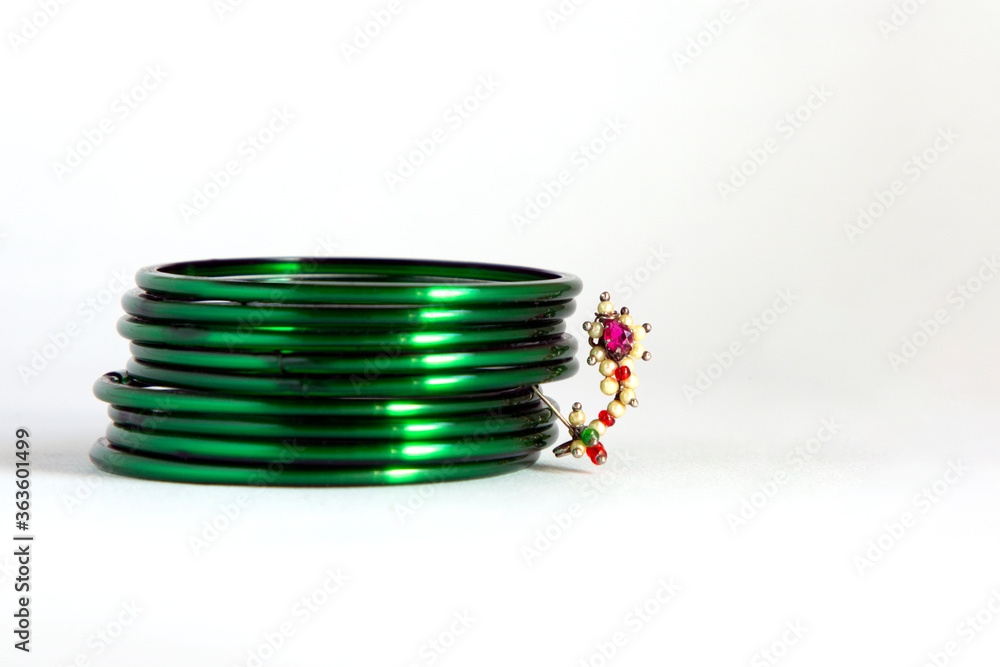 Green bangles in front of Maharashtrian nose pin ( Marathi Nath ) Stock ...